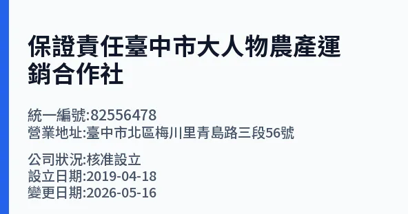 保證責任臺中市大人物農產運銷合作社的照片-統編 82556478(臺中市) 公司登記資料與營業項目詳細圖表