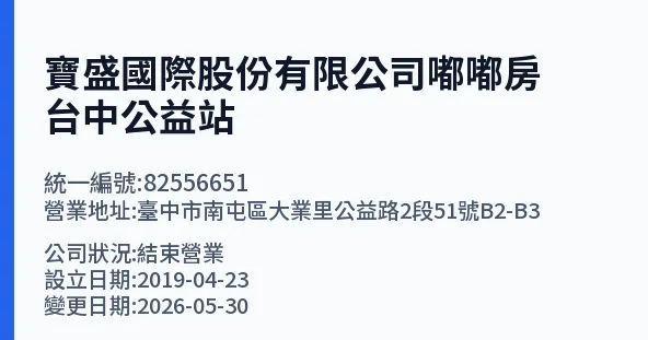 寶盛國際股份有限公司嘟嘟房台中公益站的照片-統編 82556651(臺中市) 公司登記資料與營業項目詳細圖表