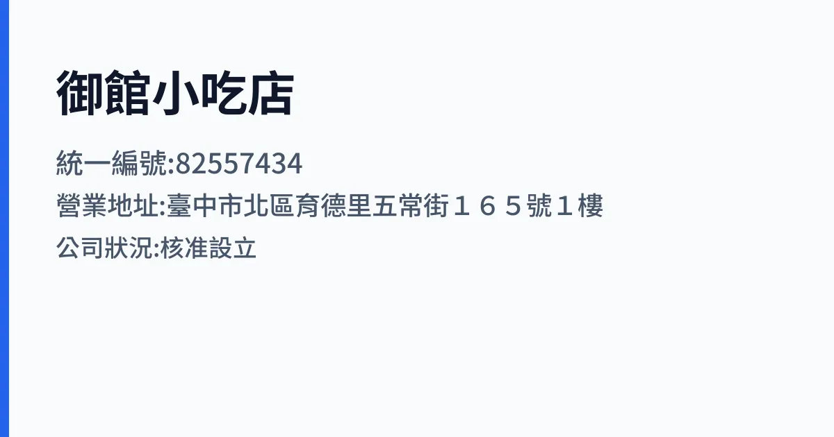 御館小吃店 - 統編 82557434(臺中市) 公司登記資料與營業項目詳細圖表