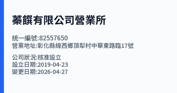 蓁饌有限公司營業所的照片-統編 82557650(彰化縣) 公司登記資料與營業項目詳細圖表