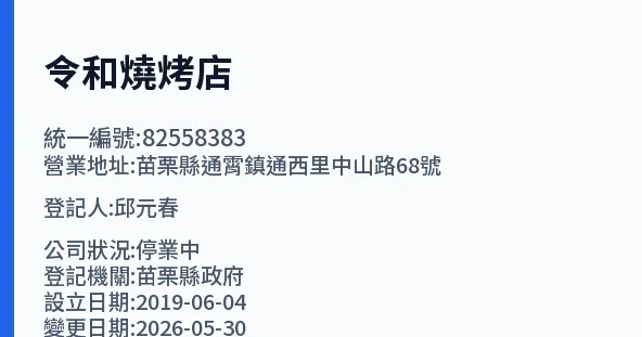 令和燒烤店的照片-統編 82558383(苗栗縣) 公司登記資料與營業項目詳細圖表
