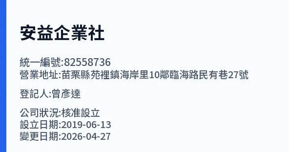 安益企業社的照片-統編 82558736(苗栗縣) 公司登記資料與營業項目詳細圖表