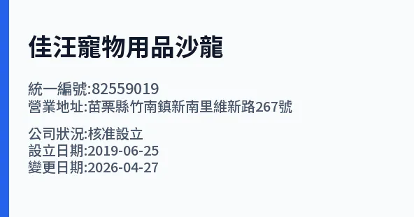 佳汪寵物用品沙龍的照片-統編 82559019(苗栗縣) 公司登記資料與營業項目詳細圖表
