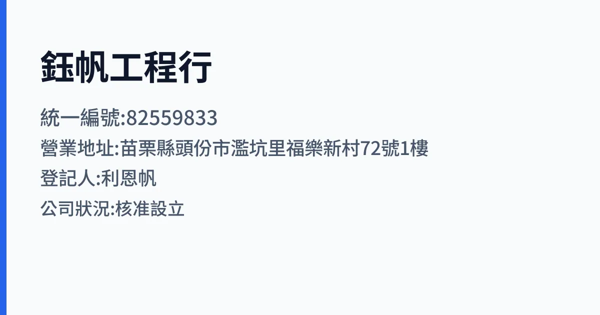 鈺帆工程行 - 統編 82559833(苗栗縣) 公司登記資料與營業項目詳細圖表
