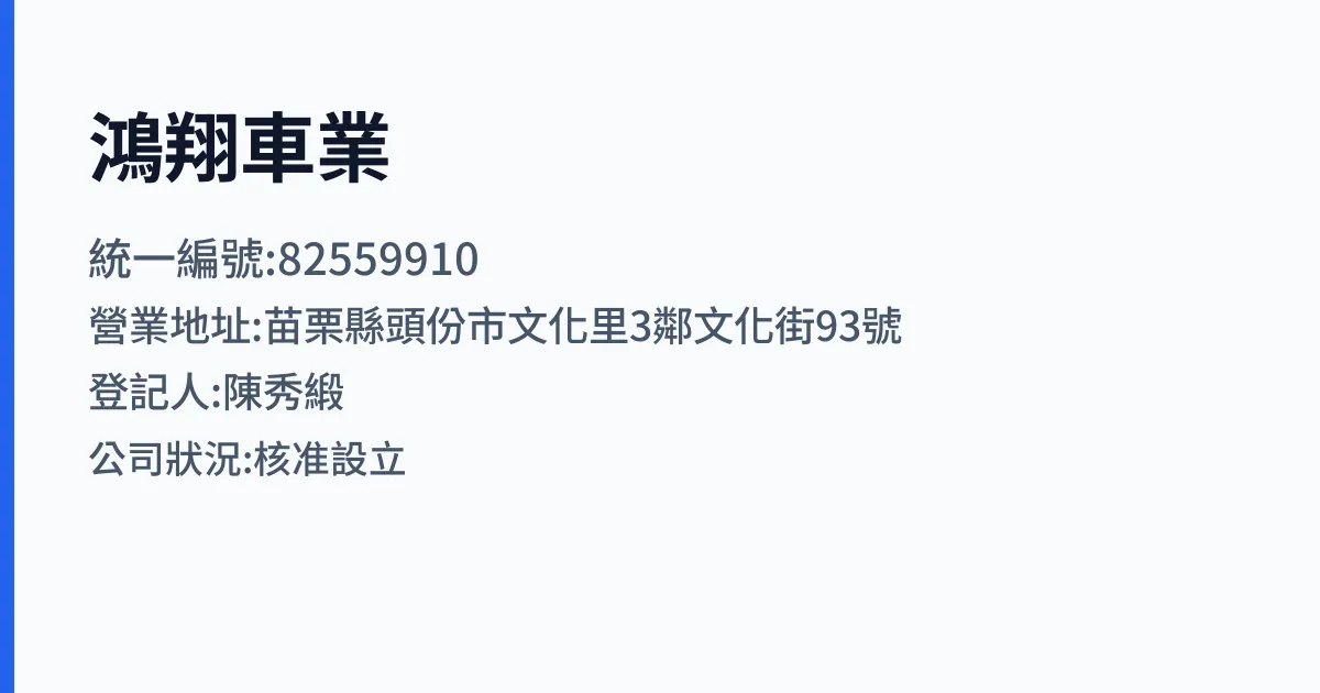 鴻翔車業 - 統編 82559910(苗栗縣) 公司登記資料與營業項目詳細圖表