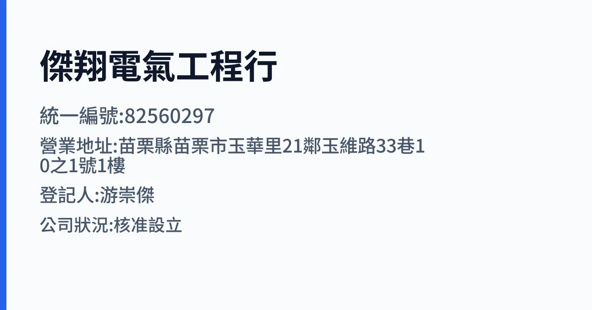 傑翔電氣工程行 - 統編 82560297(苗栗縣) 公司登記資料與營業項目詳細圖表