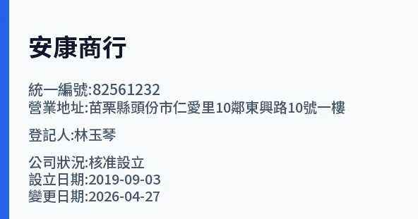 安康商行的照片-統編 82561232(苗栗縣) 公司登記資料與營業項目詳細圖表