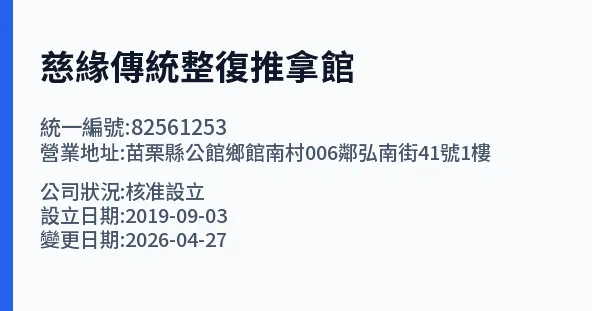 慈緣傳統整復推拿館的照片-統編 82561253(苗栗縣) 公司登記資料與營業項目詳細圖表