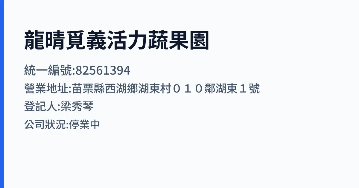 龍晴覓義活力蔬果園 - 統編 82561394(苗栗縣) 公司登記資料與營業項目詳細圖表