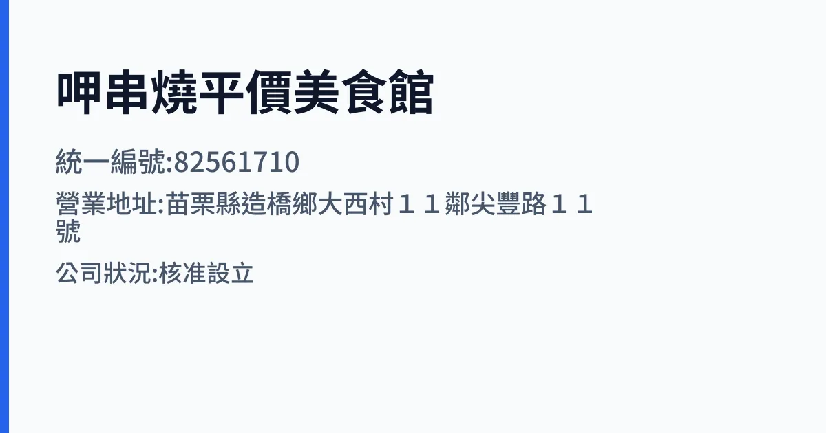 呷串燒平價美食館 - 統編 82561710(苗栗縣) 公司登記資料與營業項目詳細圖表