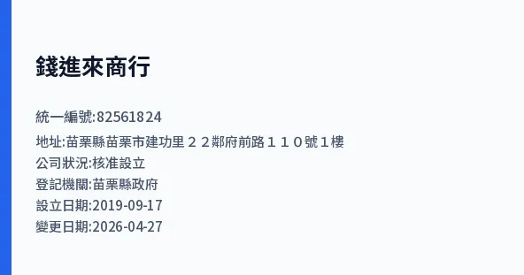 錢進來商行的照片-統編 82561824(苗栗縣) 公司登記資料與營業項目詳細圖表