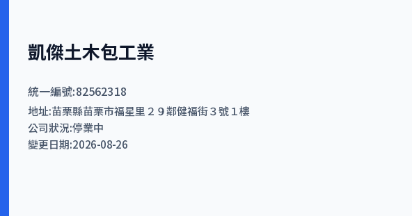凱傑土木包工業的照片-統編 82562318(苗栗縣) 公司登記資料與營業項目詳細圖表