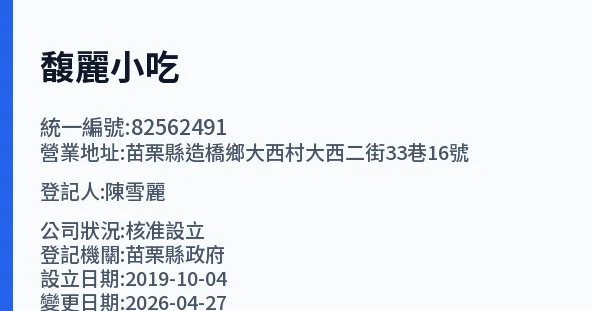 馥麗小吃的照片-統編 82562491(苗栗縣) 公司登記資料與營業項目詳細圖表