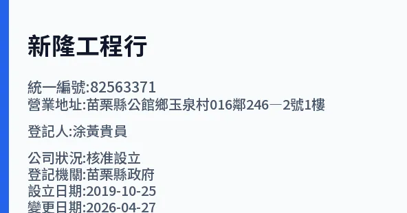 新隆工程行的照片-統編 82563371(苗栗縣) 公司登記資料與營業項目詳細圖表