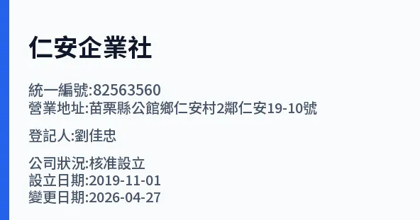 仁安企業社的照片-統編 82563560(苗栗縣) 公司登記資料與營業項目詳細圖表