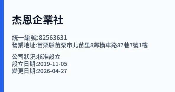 杰恩企業社的照片-統編 82563631(苗栗縣) 公司登記資料與營業項目詳細圖表