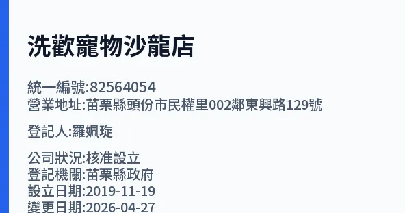 洗歡寵物沙龍店的照片-統編 82564054(苗栗縣) 公司登記資料與營業項目詳細圖表