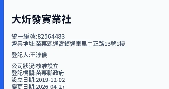 大炘發實業社的照片-統編 82564483(苗栗縣) 公司登記資料與營業項目詳細圖表