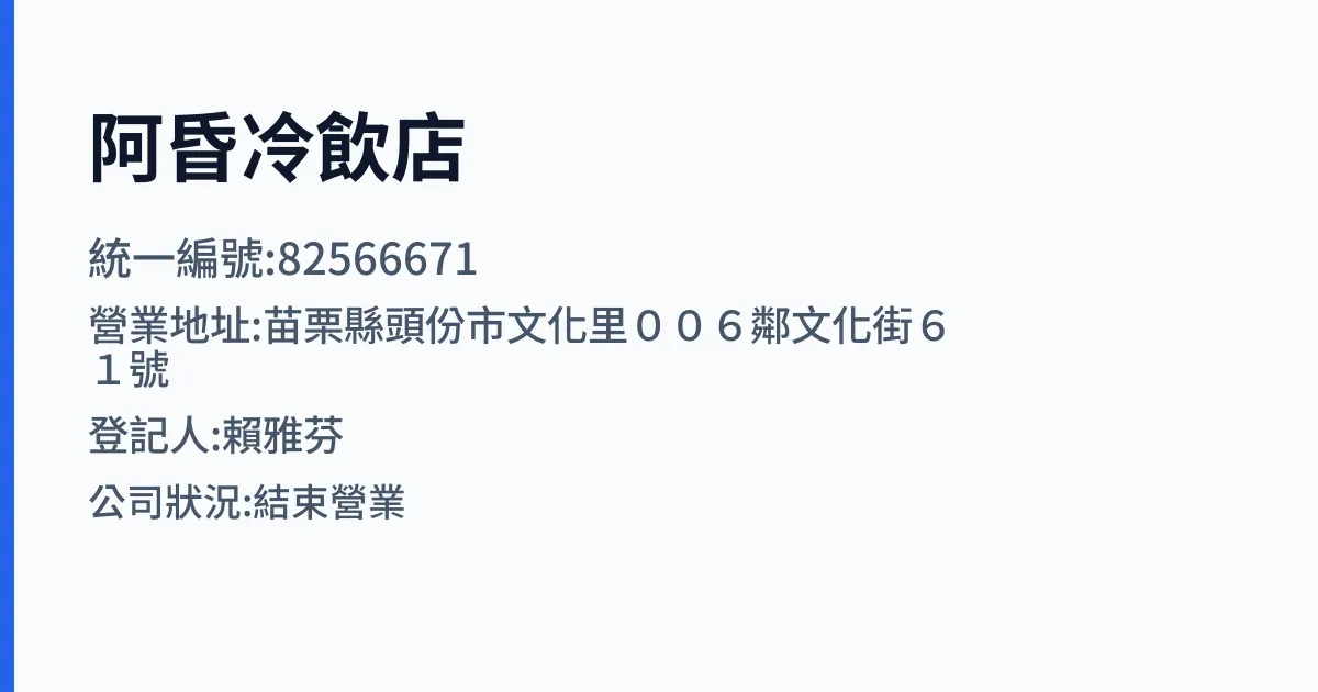 阿昏冷飲店 - 統編 82566671(苗栗縣) 公司登記資料與營業項目詳細圖表
