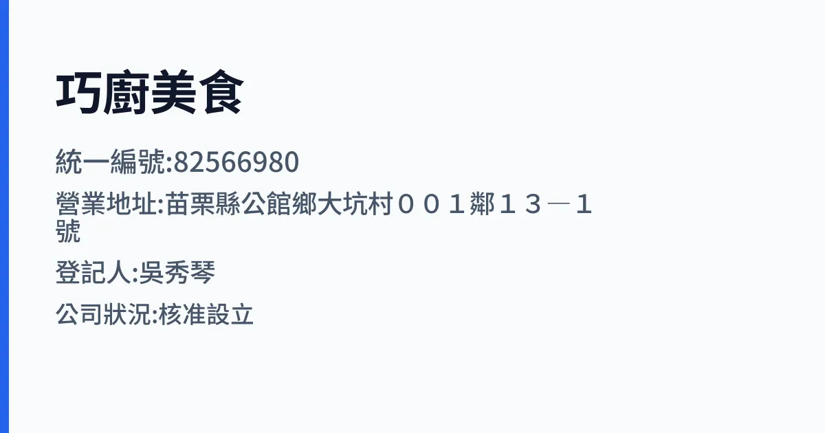 巧廚美食 - 統編 82566980(苗栗縣) 公司登記資料與營業項目詳細圖表