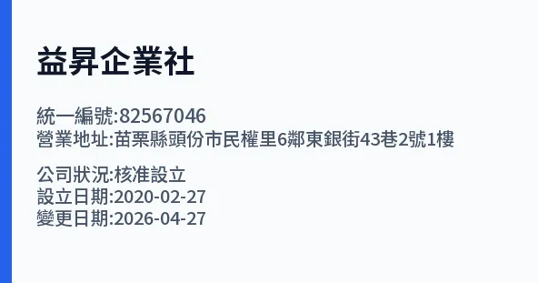 益昇企業社的照片-統編 82567046(苗栗縣) 公司登記資料與營業項目詳細圖表