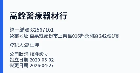高銓醫療器材行的照片-統編 82567101(苗栗縣) 公司登記資料與營業項目詳細圖表