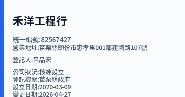 禾洋工程行的照片-統編 82567427(苗栗縣) 公司登記資料與營業項目詳細圖表