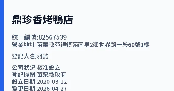 鼎珍香烤鴨店的照片-統編 82567539(苗栗縣) 公司登記資料與營業項目詳細圖表