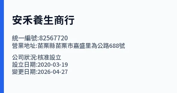 安禾養生商行的照片-統編 82567720(苗栗縣) 公司登記資料與營業項目詳細圖表