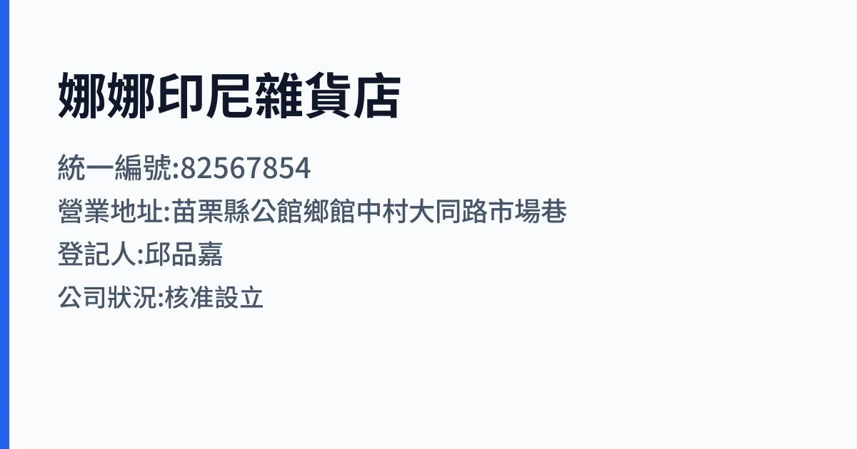 娜娜印尼雜貨店 - 統編 82567854(苗栗縣) 公司登記資料與營業項目詳細圖表