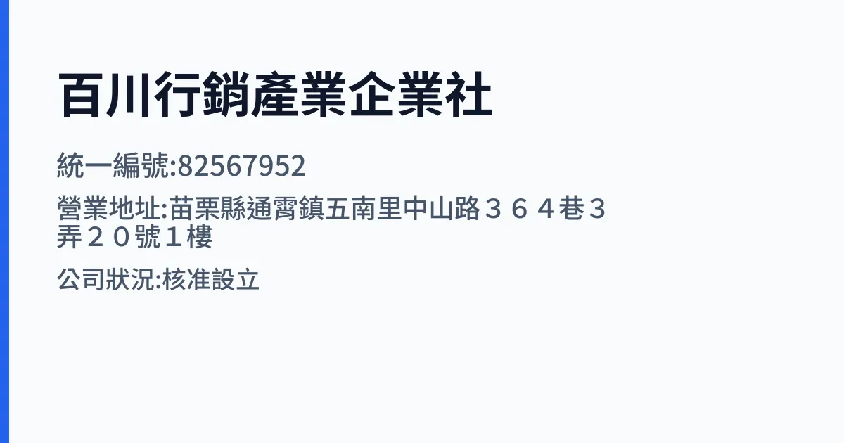 百川行銷產業企業社 - 統編 82567952(苗栗縣) 公司登記資料與營業項目詳細圖表