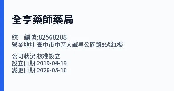 全亨藥師藥局的照片-統編 82568208(臺中市) 公司登記資料與營業項目詳細圖表