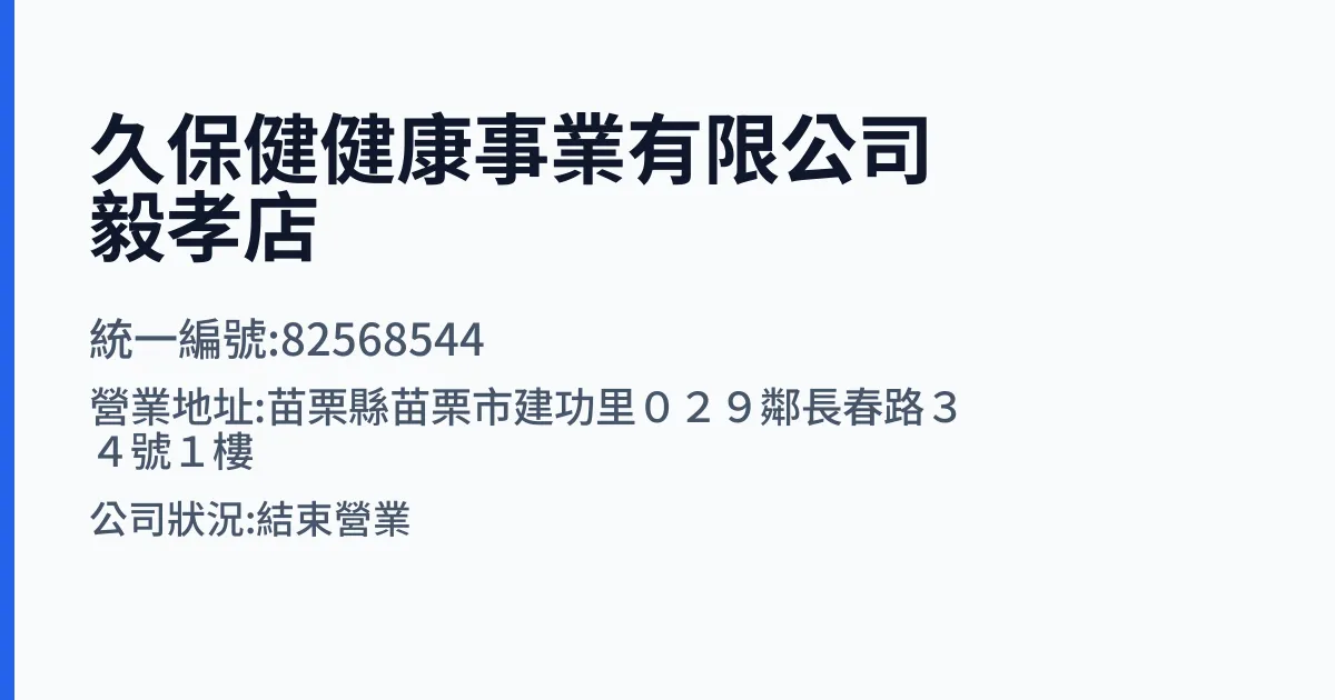 久保健健康事業有限公司毅孝店 - 統編 82568544(苗栗縣) 公司登記資料與營業項目詳細圖表