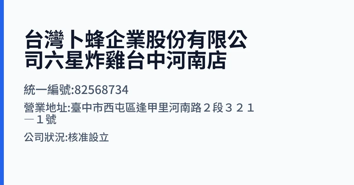 台灣卜蜂企業股份有限公司六星炸雞台中河南店 - 統編 82568734(臺中市) 公司登記資料與營業項目詳細圖表