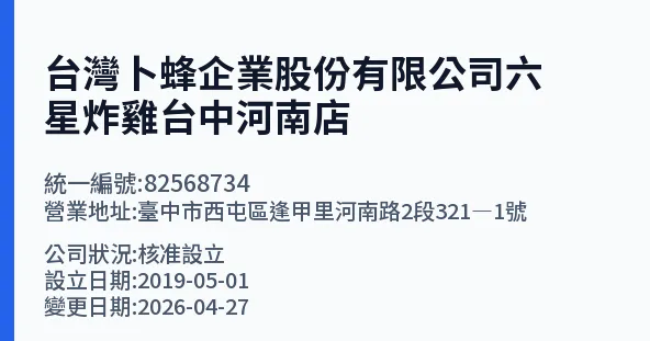 台灣卜蜂企業股份有限公司六星炸雞台中河南店的照片-統編 82568734(臺中市) 公司登記資料與營業項目詳細圖表