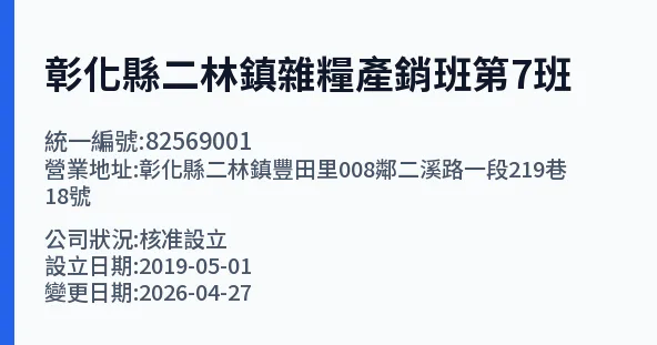 彰化縣二林鎮雜糧產銷班第7班的照片-統編 82569001(彰化縣) 公司登記資料與營業項目詳細圖表