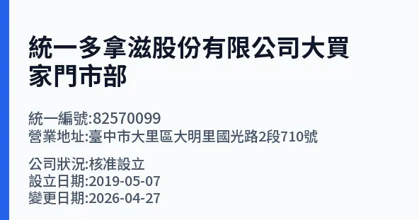 統一多拿滋股份有限公司大買家門市部的照片-統編 82570099(臺中市) 公司登記資料與營業項目詳細圖表