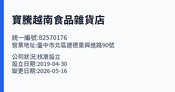 寶騰越南食品雜貨店的照片-統編 82570176(臺中市) 公司登記資料與營業項目詳細圖表