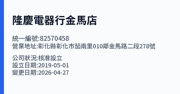 隆慶電器行金馬店的照片-統編 82570458(彰化縣) 公司登記資料與營業項目詳細圖表