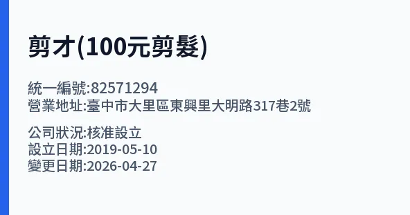 剪才(100元剪髮)的照片-統編 82571294(臺中市) 公司登記資料與營業項目詳細圖表