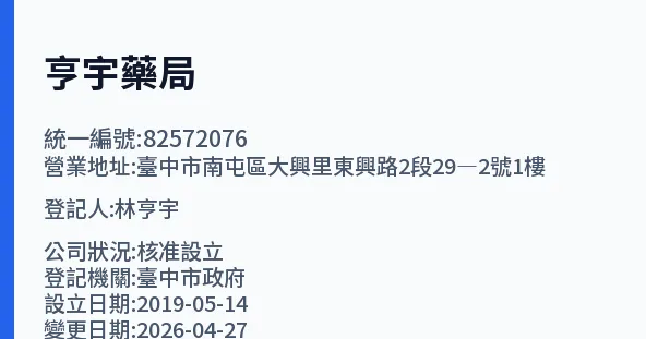 亨宇藥局的照片-統編 82572076(臺中市) 公司登記資料與營業項目詳細圖表