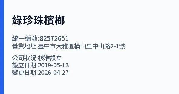 綠珍珠檳榔的照片-統編 82572651(臺中市) 公司登記資料與營業項目詳細圖表