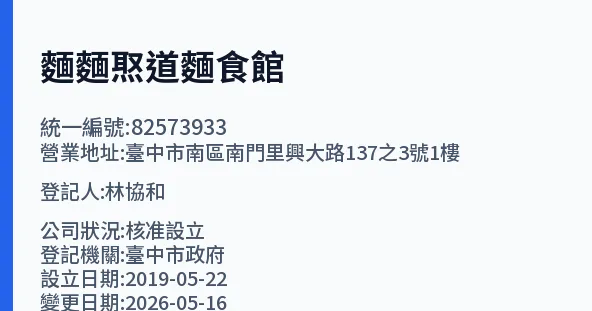 麵麵焣道麵食館的照片-統編 82573933(臺中市) 公司登記資料與營業項目詳細圖表