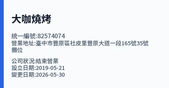 大咖燒烤的照片-統編 82574074(臺中市) 公司登記資料與營業項目詳細圖表