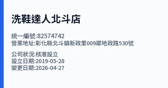 洗鞋達人北斗店的照片-統編 82574742(彰化縣) 公司登記資料與營業項目詳細圖表