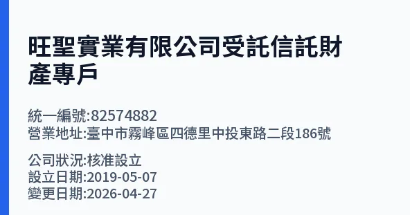 旺聖實業有限公司受託信託財產專戶的照片-統編 82574882(臺中市) 公司登記資料與營業項目詳細圖表