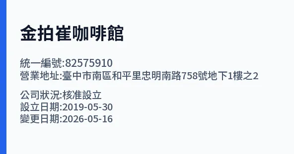 金拍崔咖啡館的照片-統編 82575910(臺中市) 公司登記資料與營業項目詳細圖表