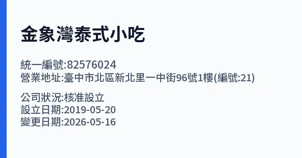 金象灣泰式小吃的照片-統編 82576024(臺中市) 公司登記資料與營業項目詳細圖表