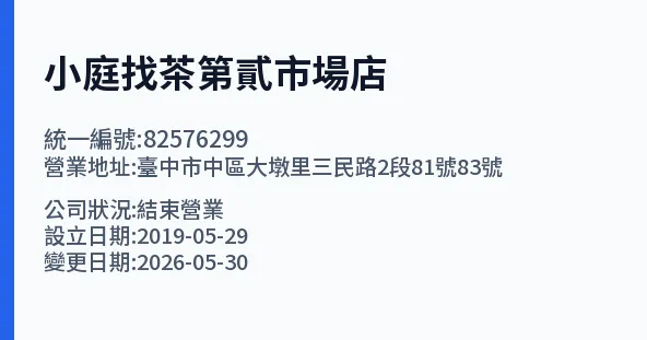 小庭找茶第貳市場店的照片-統編 82576299(臺中市) 公司登記資料與營業項目詳細圖表