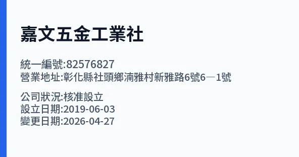 嘉文五金工業社的照片-統編 82576827(彰化縣) 公司登記資料與營業項目詳細圖表